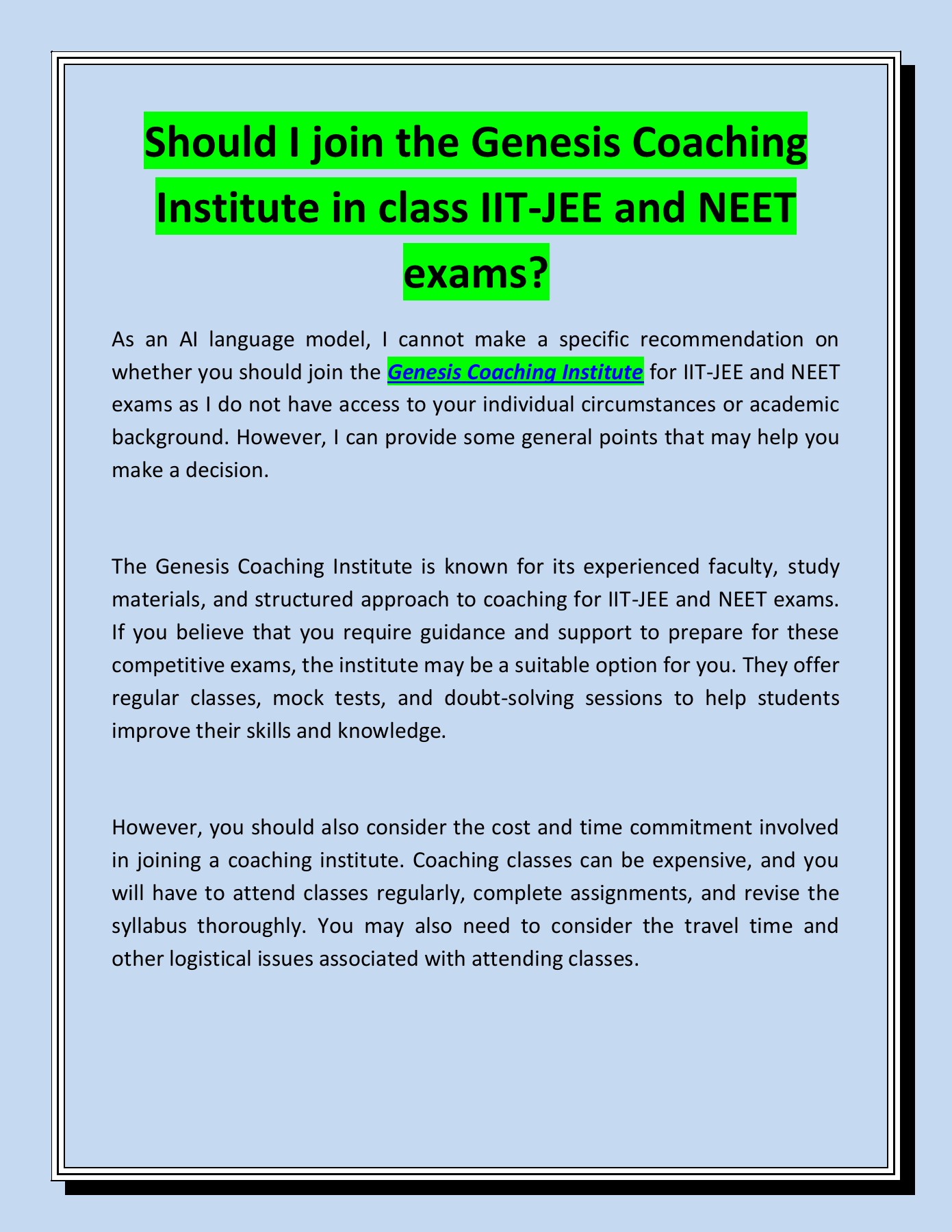 Should I join the Genesis Coaching Institute in class IIT-JEE and NEET exams - Genesis Coaching ...