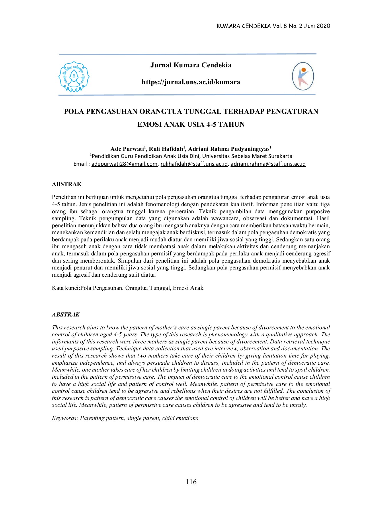Pola Pengasuhan Orang Tua Tunggal Terhadap Pengaturan Emosi Anak Usia 4-5 Tahun (2020 ...