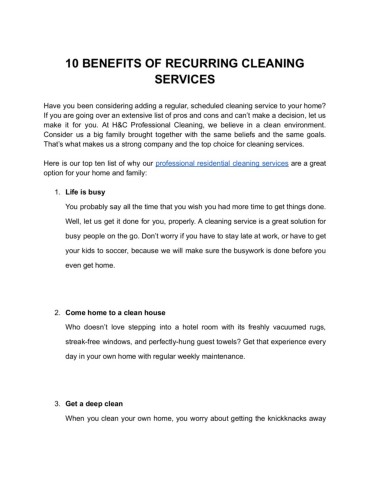 10 BENEFITS OF RECURRING CLEANING SERVICES