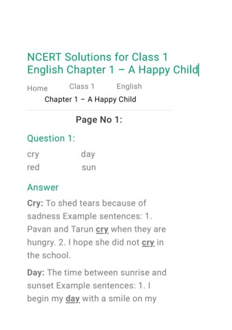 std 1 Chapter 1 – A Happy Child