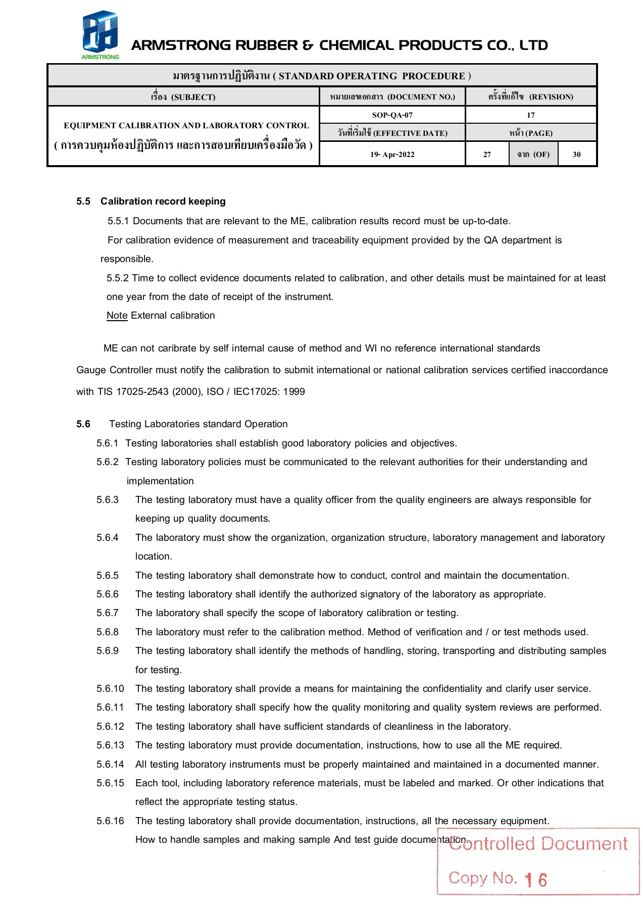SOP-QA-07 REV.17 EQUIPMENT CALIBRATION AND LABORATORY CONTROL - Nukanya ...