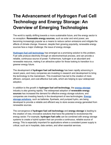 The Advancement of Hydrogen Fuel Cell Technology and Energy Storage_ An ...