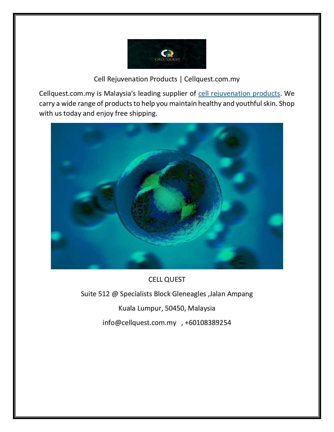 Cell Rejuvenation Products Cellquest.com.my - Cell Quest - Page 1 - 1 | Flip PDF Online | PubHTML5
