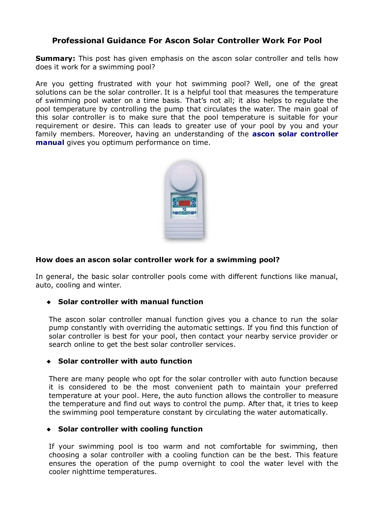 Professional Guidance For Ascon Solar Controller Work For Pool ...