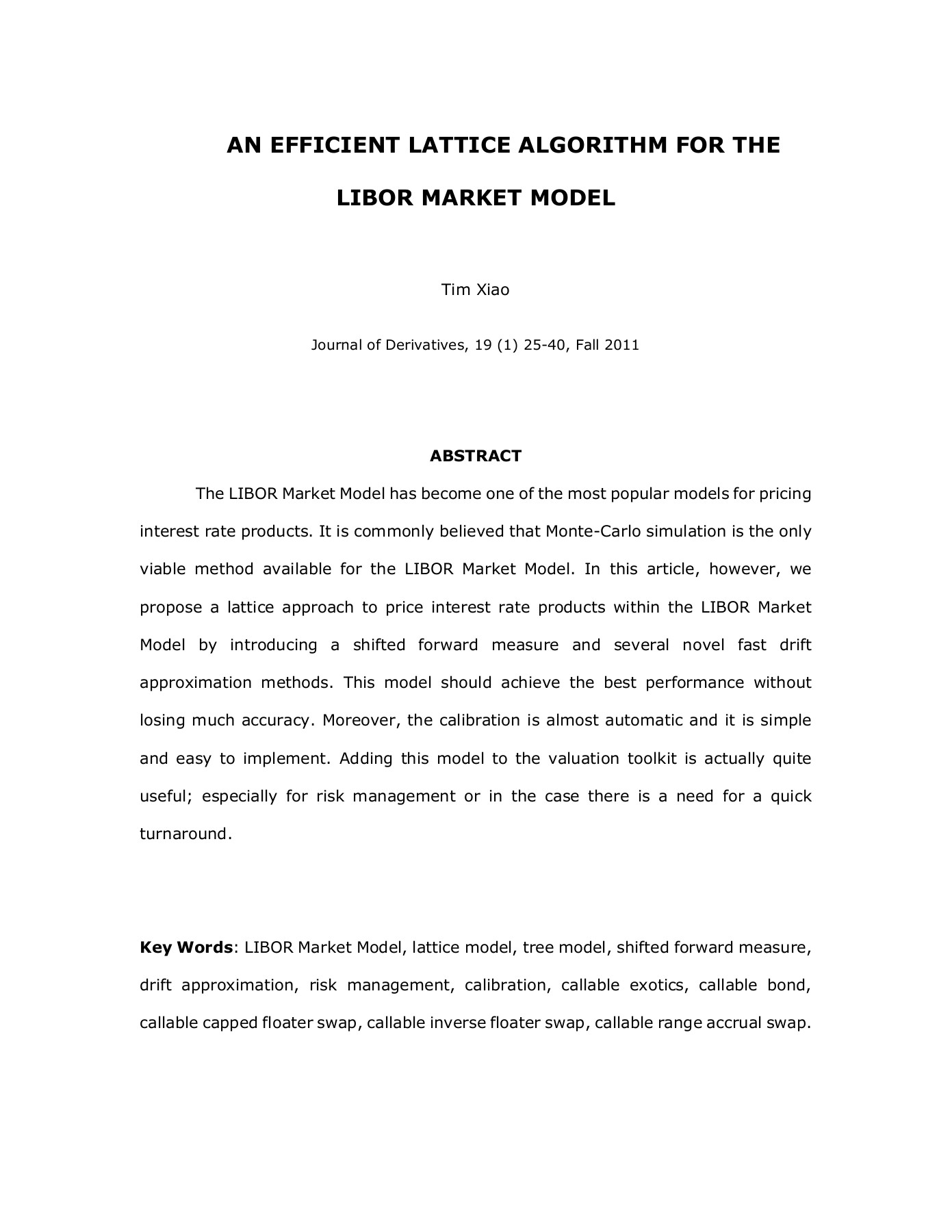AN EFFICIENT LATTICE ALGORITHM FOR THE LIBOR MARKET MODEL - tim_yxiao - Page 1 - 0 | Flip PDF ...