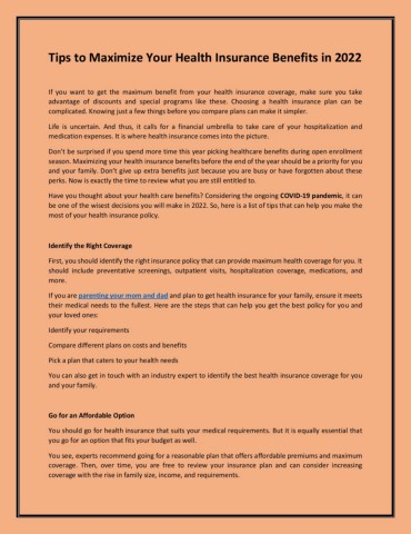 Health Insurance Plan Information 2022