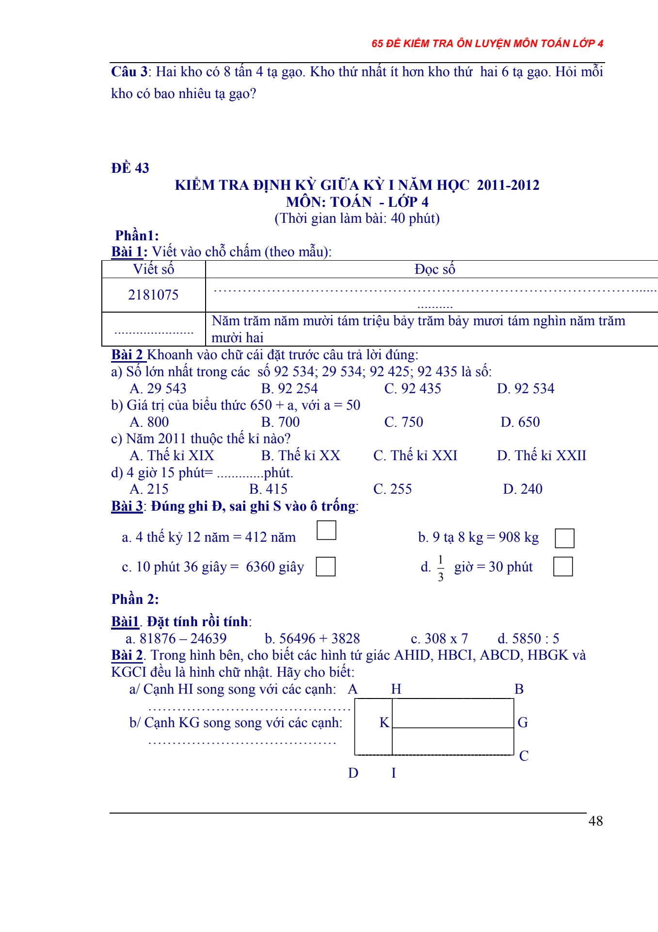 65-de-bai-kiem-tra-on-luyen-toan-lop-4 - THƯ VIỆN TRƯỜNG TIỂU HỌC KIẾN QUỐC - Trang 49 | PDF lật ...