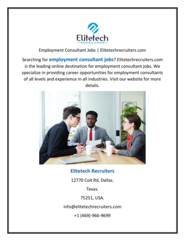Employment Consultant Jobs | Elitetechrecruiters.com