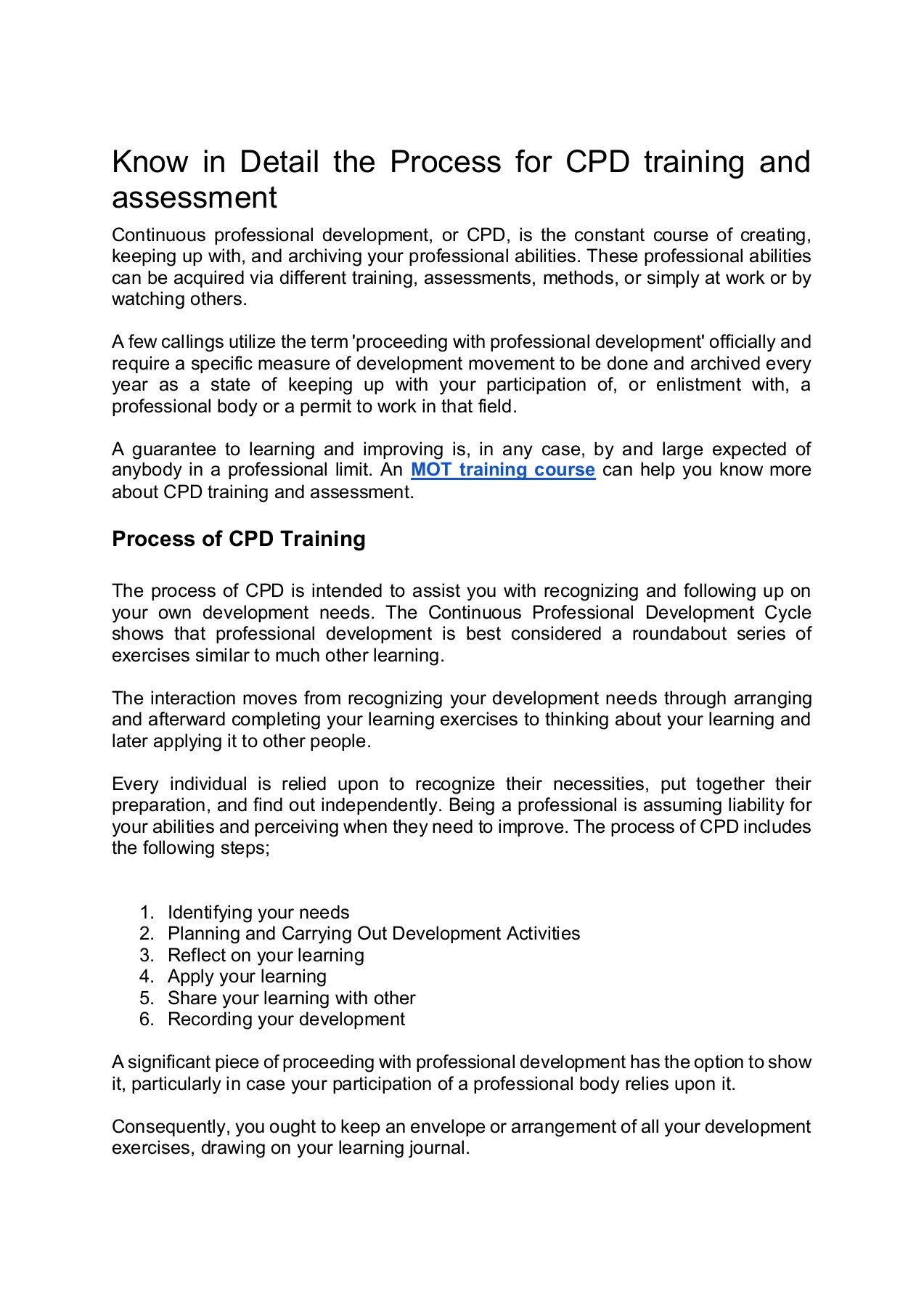 Know in Detail the Process for CPD training and assessment - mot expert ...