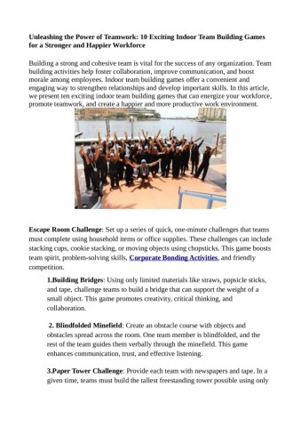 Unleashing the Power of Teamwork 10 Exciting Indoor Team Building Games ...