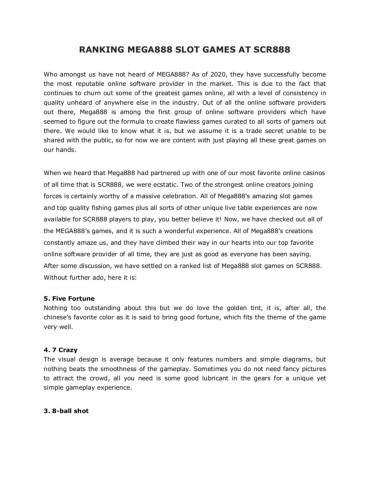 RANKING MEGA888 SLOT GAMES AT SCR888