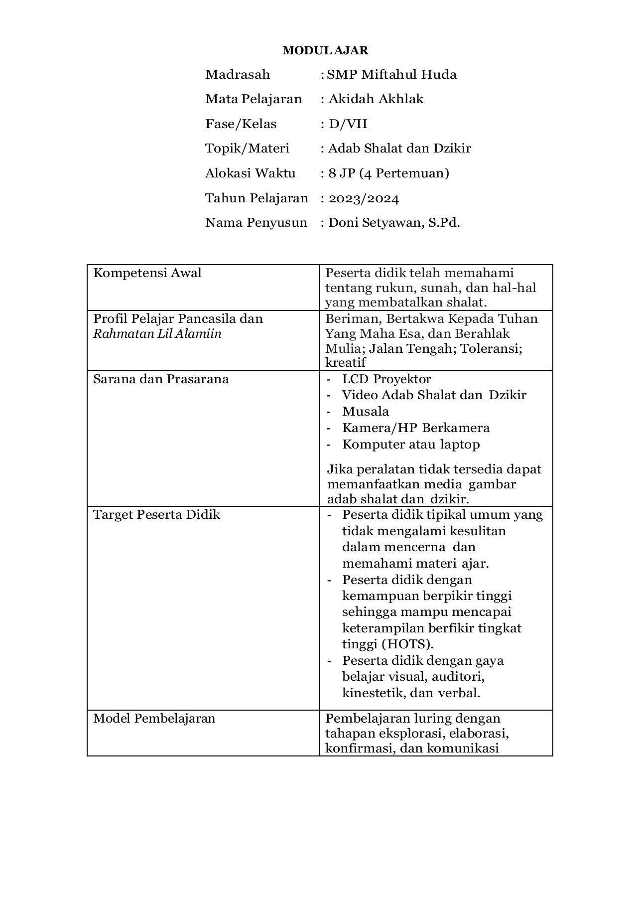 MODUL AJAR AKIDAH AKHLAK KELAS 7 - Doni Setyawan - Page 1 - 15 | Flip PDF Online | PubHTML5