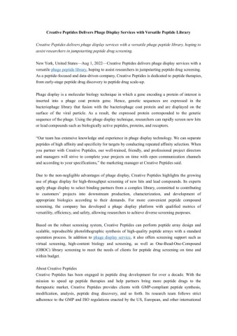 Creative Peptides Delivers Phage Display Services with Versatile ...