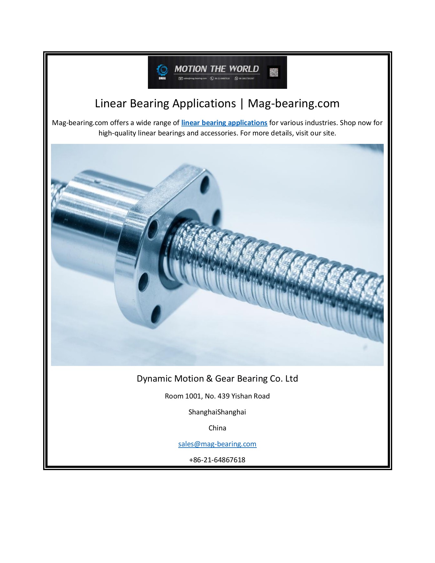 Linear Bearing Applications | Mag-bearing.com - Shanghai DMAG Bearing ...