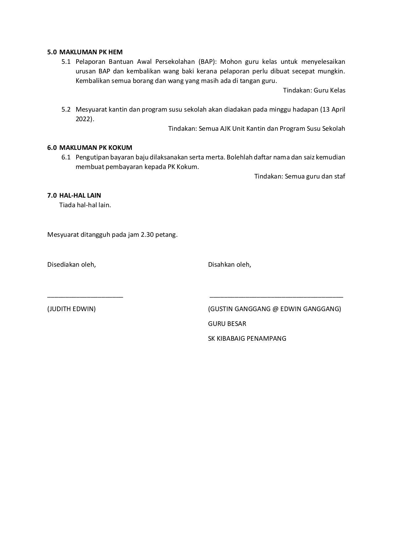 MINIT MESYUARAT PENTADBIRAN BIL1 07042022 - Early Lilo - Muka Surat 5 | Membalik PDF Dalam ...