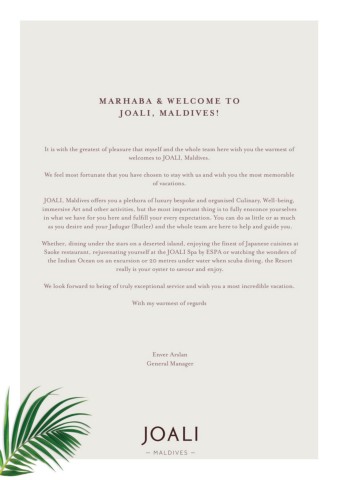 JOALI General Manager Welcome Page