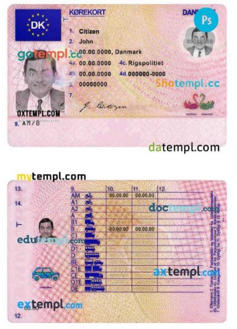 Denmark driver’s permit template in PSD format, fully editable (1997 ...