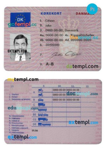 Denmark driver’s permit template in PSD format, fully editable