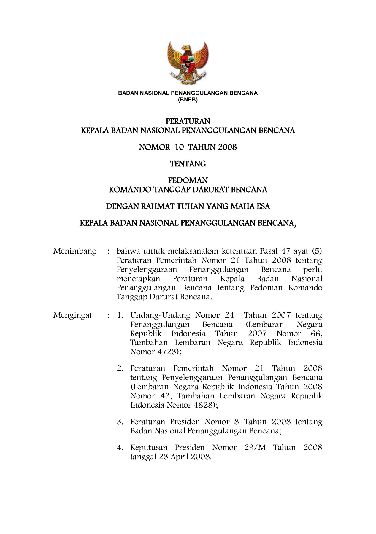 Perka BNPB 10-2008_Pedoman Komando Tanggap Darurat Bencana ...