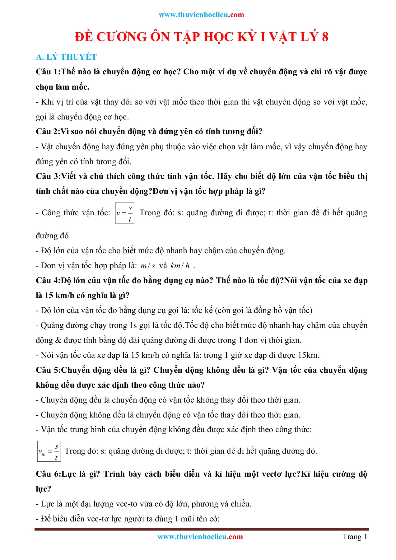 ĐỀ CƯƠNG ÔN TẬP VẬT LÝ 8 - HK1 - Vinh Nguyễn - Trang 1 - 7 | PDF lật trang trực tuyến | PubHTML5