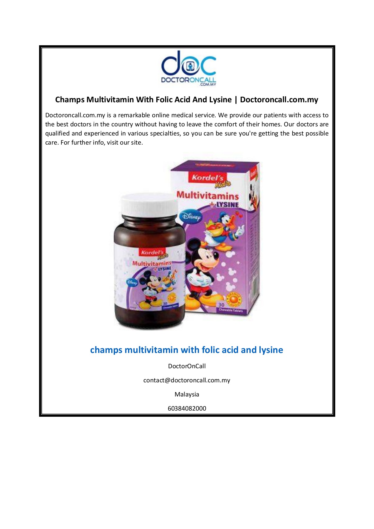 Champs Multivitamin With Folic Acid And Lysine | Doctoroncall.com.my ...