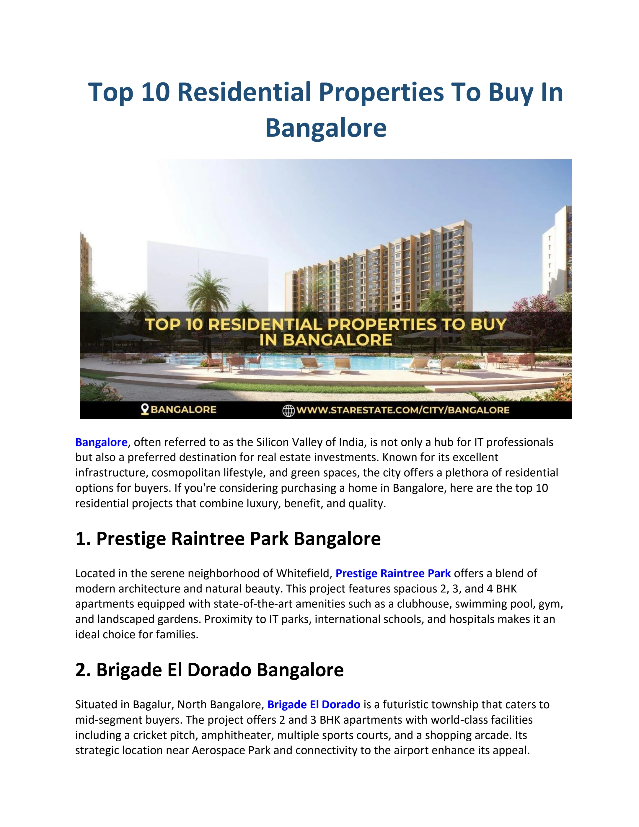 Top 10 Residential Properties To Buy In Bangalore - Star Estate ...