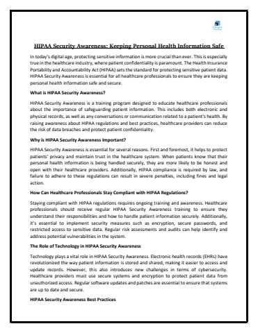 HIPAA Security Awareness- Keeping Personal Health Information Safe ...