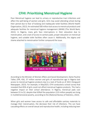 CFHI-Prioritizing Menstrual Hygiene