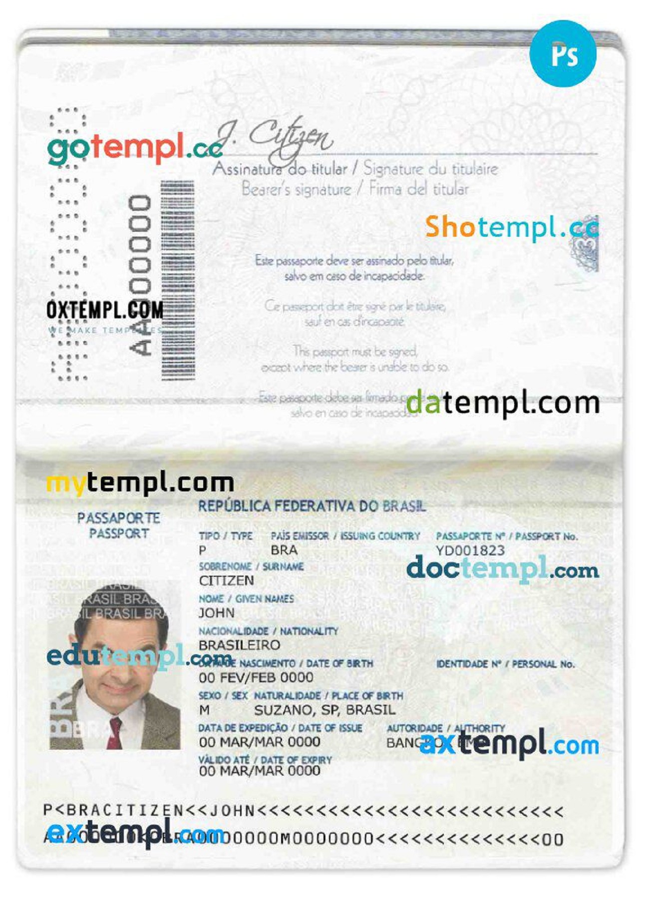 Brazil passport template in PSD format, 2016-2019 - Doctempl store ...