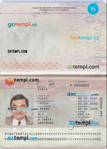 Austria passport template in PSD format, fully editable