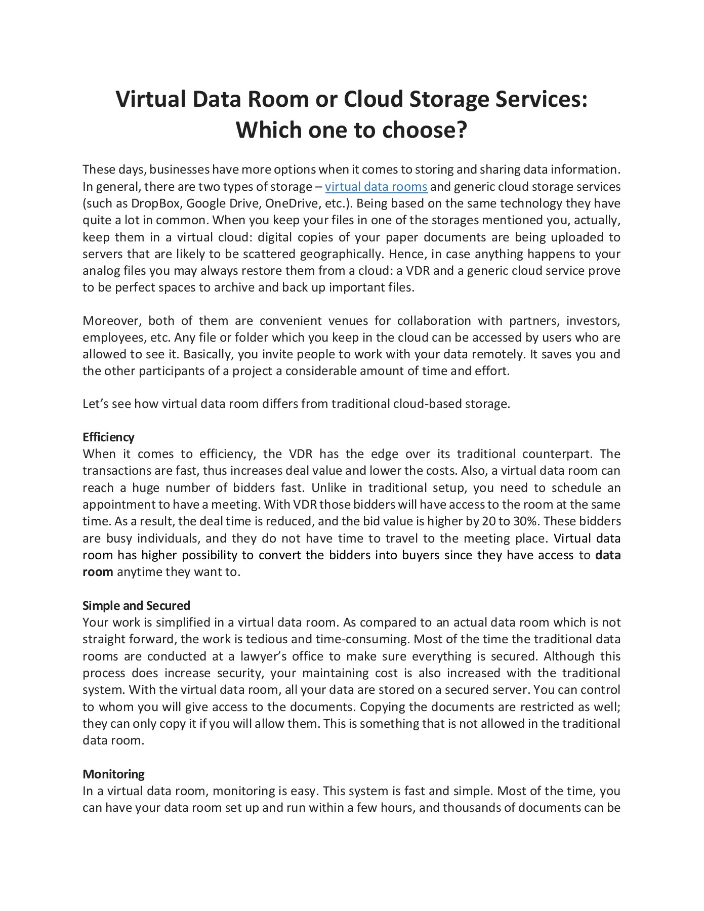 Virtual Data Room or Cloud Storage Services- Which one to choose - docullyvdr.digital - Page 1 ...