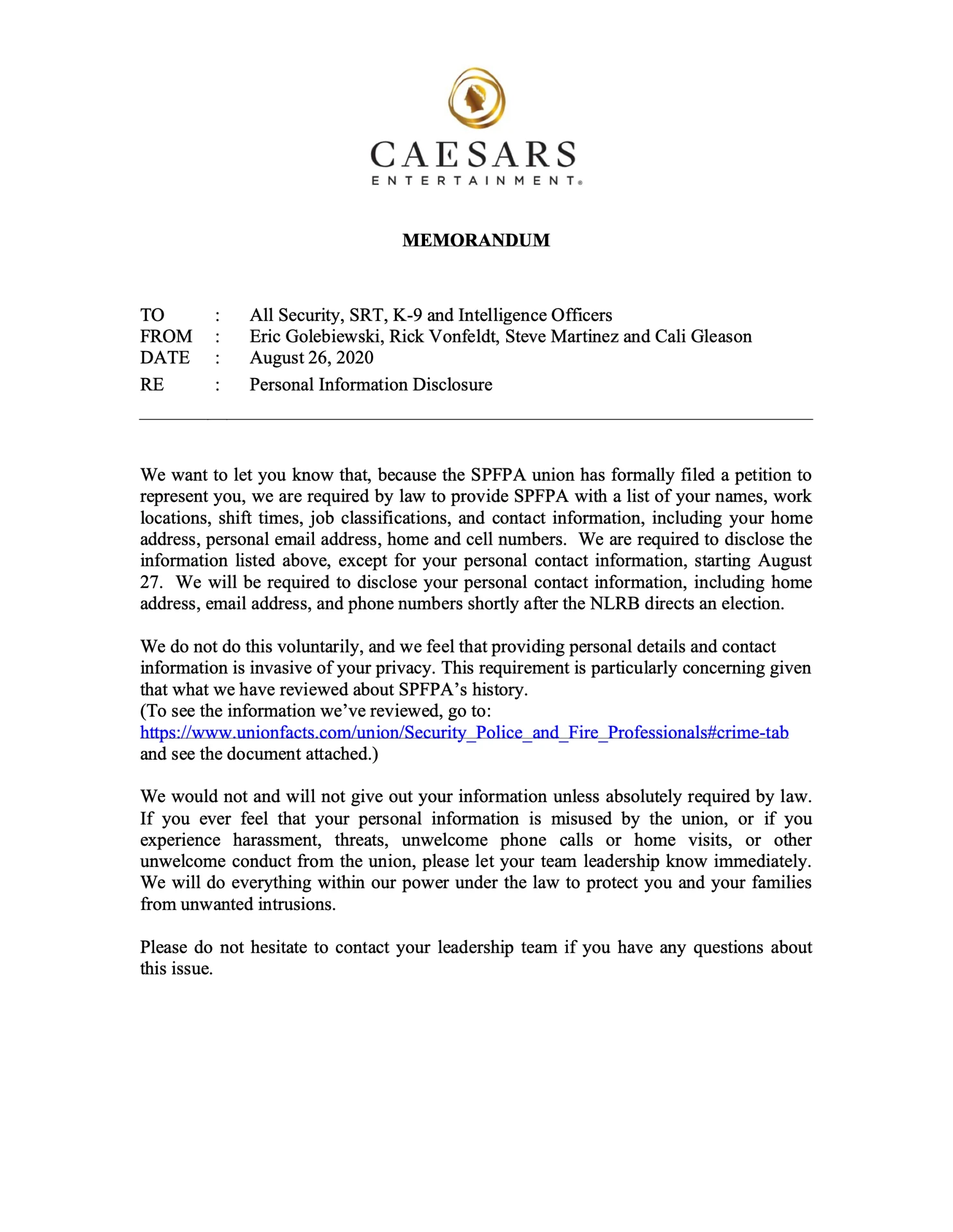 Personal Information Disclosure Memo - Stokes Wagner - Page 1 - 5 ...