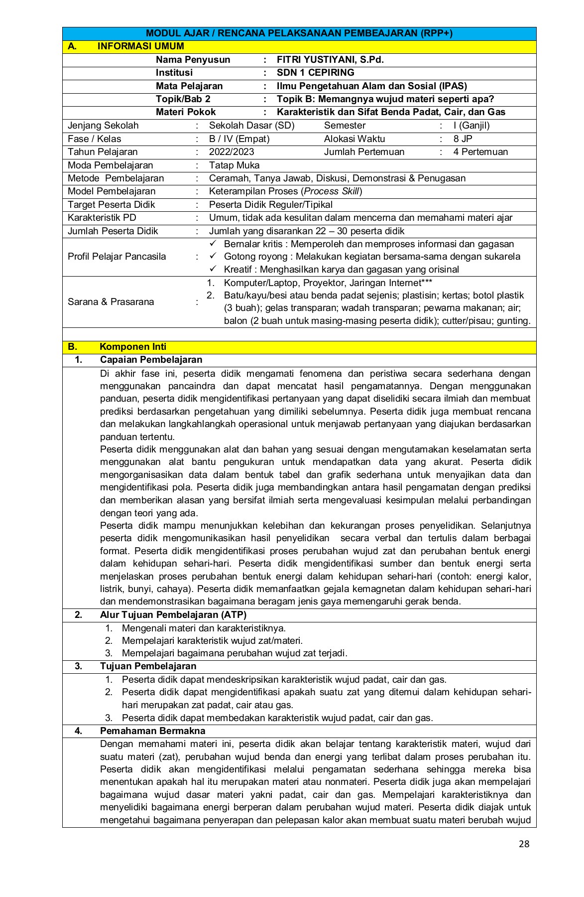 01. RPP IPAS KLS IV SMS 1 - Fitri Yustiyani - Kaca 28 | PDF Online | PubHTML5