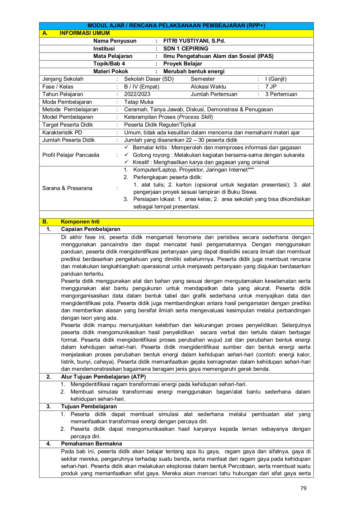 01. RPP IPAS KLS IV SMS 1 - Fitri Yustiyani - Kaca 79 | PDF Online | PubHTML5
