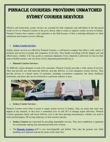 Pinnacle Couriers Providing Unmatched Sydney Courier Services
