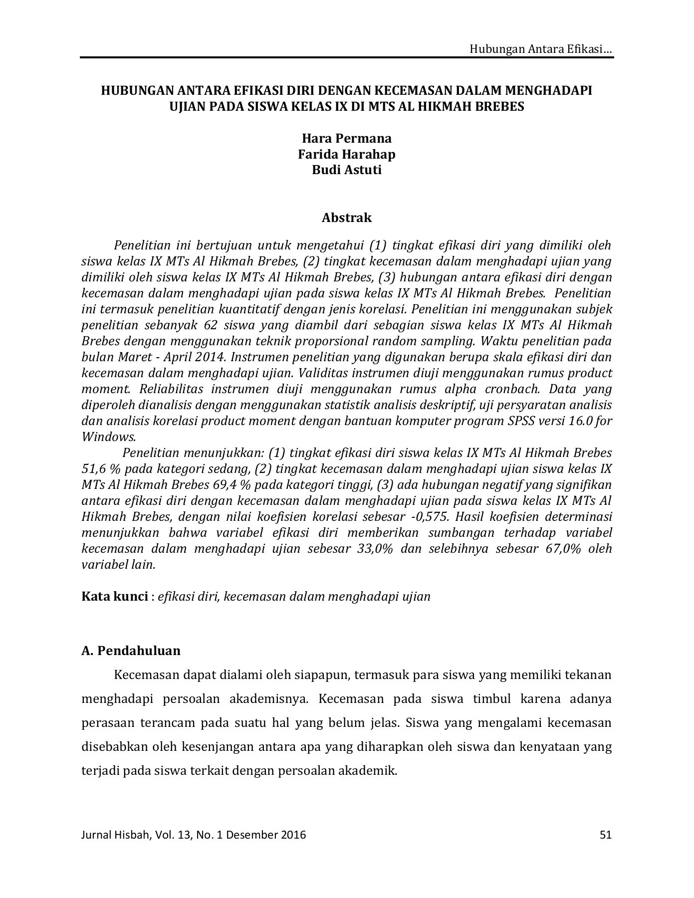 Hubungan antara Efikasi Diri dengan Kecemasan dalam Menghadapi Ujian pada Siswa Kelas IX DI MTS ...