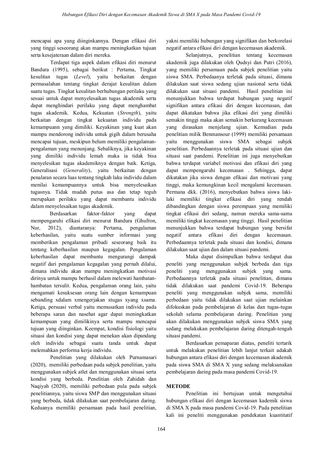 HUBUNGAN EFIKASI DIRI DENGAN KECEMASAN AKADEMIK SISWA DI SMA X PADA _2022 - rizkidyah1341 - Page ...