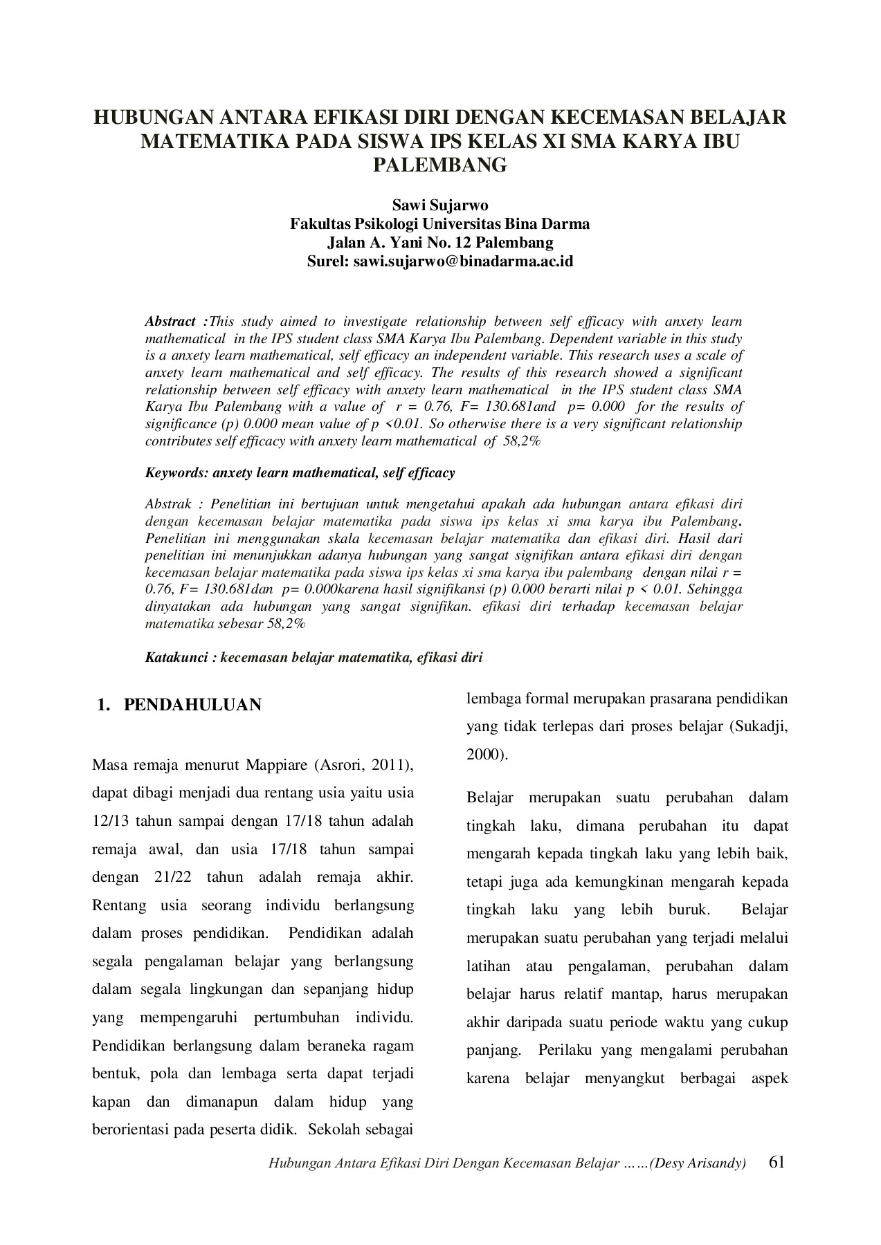 Hubungan antara Efikasi Diri dengan Kecemasan Belajar Matematika pada Siswa IPS Kelas XI SMA ...