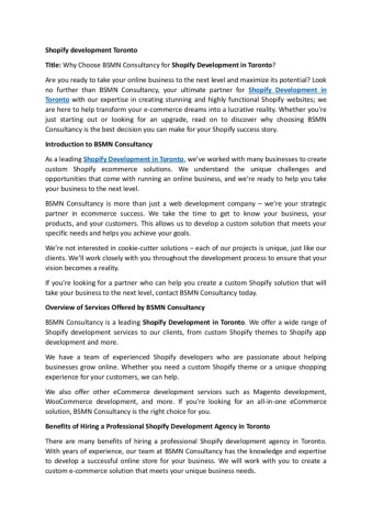 Why Choose BSMN Consultancy for Shopify Development in Toronto