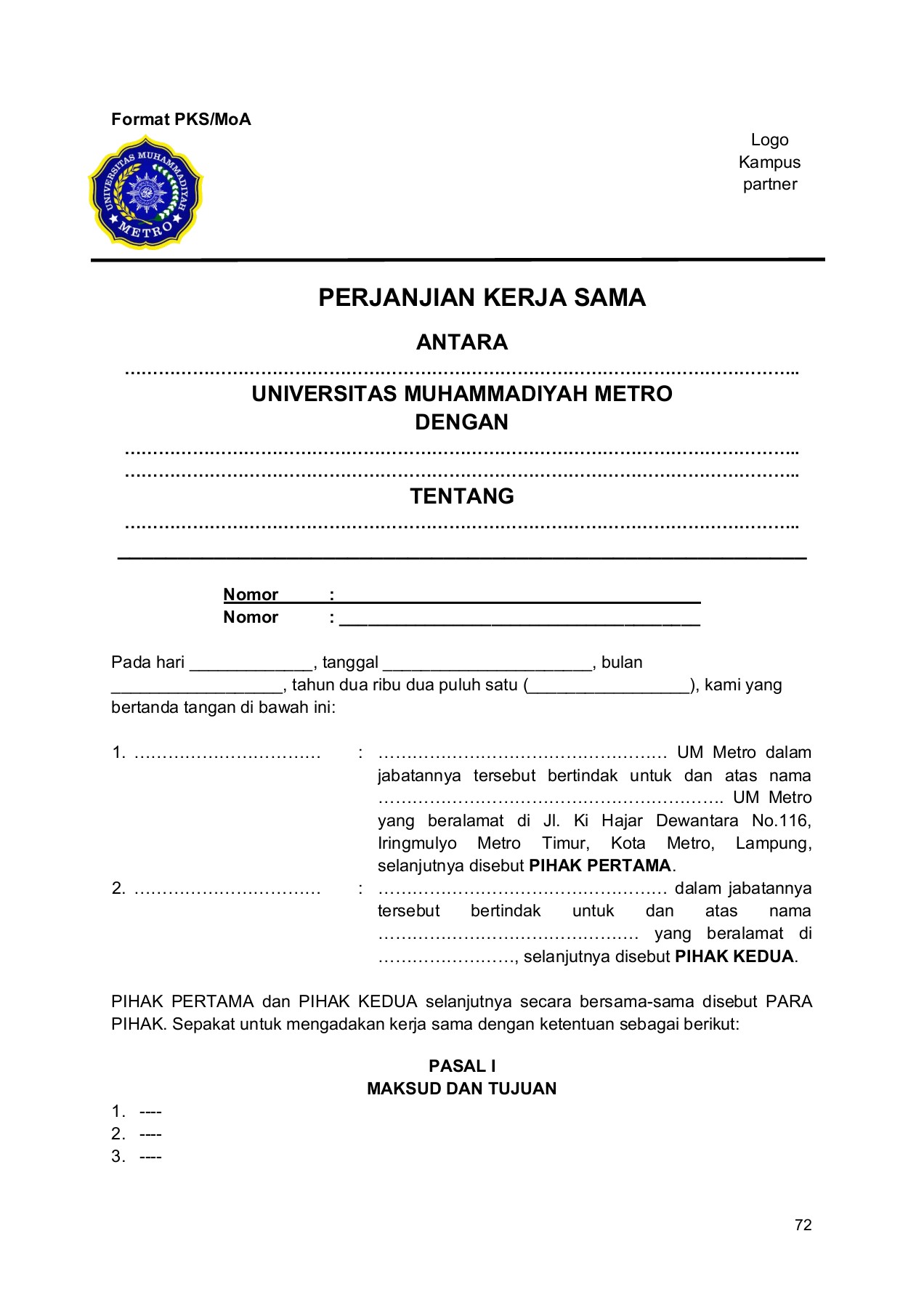 SOP Pusat Kerja Sama dan KUI UM Metro 2021 - Universitas Muhammadiyah ...