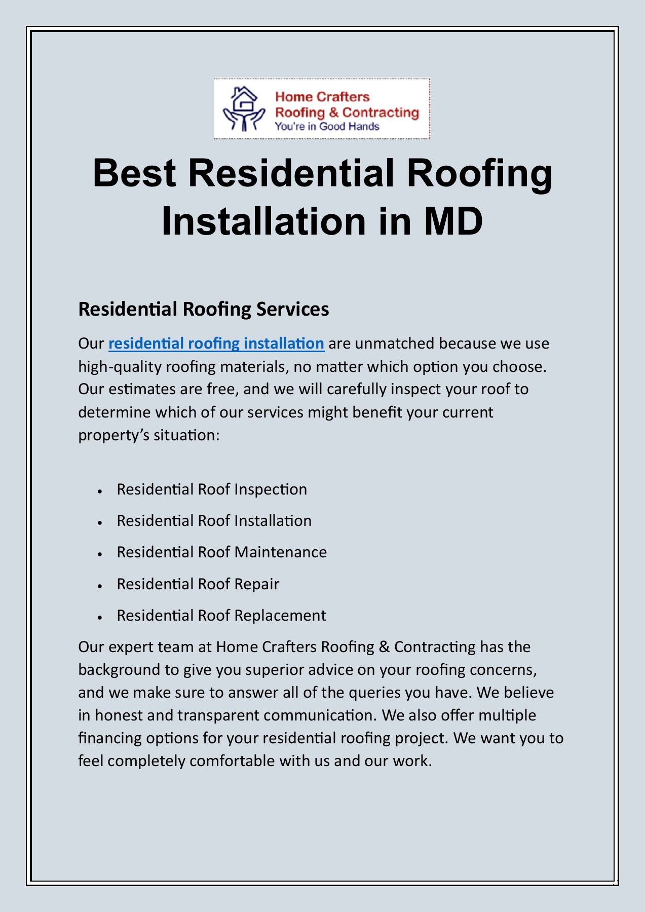 Best Residential Roofing Installation in MD - Home Crafters Roofing ...
