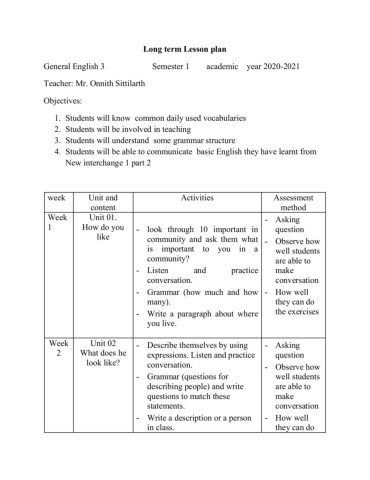 Longterm lesson plan general English 3 ( sem1 ) (2020-2021 ...
