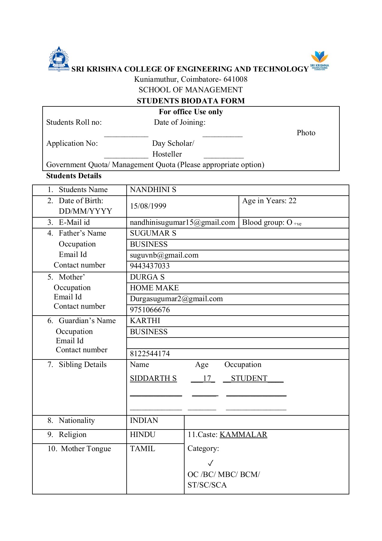 21MBA007 NANDHINI S - STUDENT BIO DATA FORM - nandhini sugumar - Page 1 ...