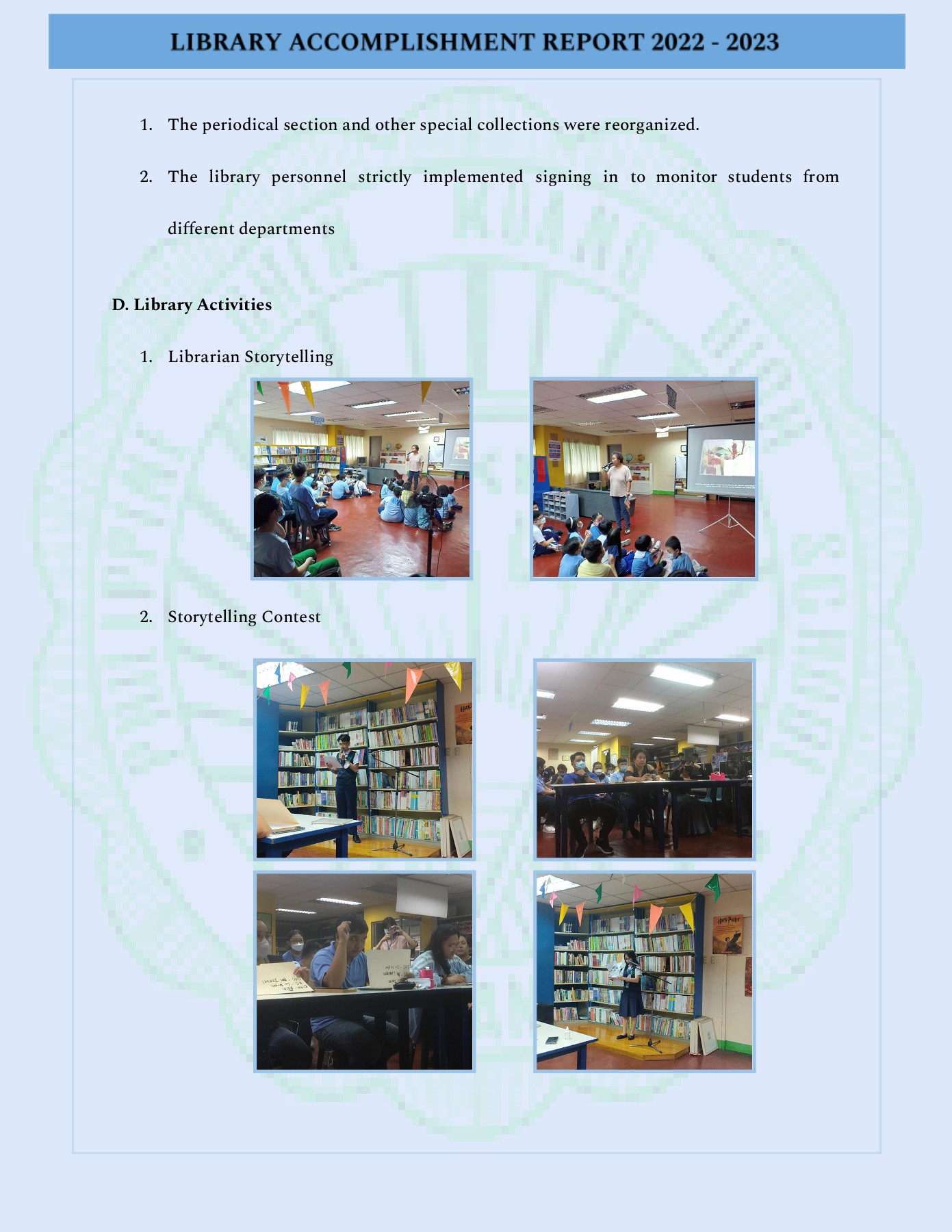 Library Accomplishment Report 2022 - 2023 - Veronica Dulliyao - Page 10 ...