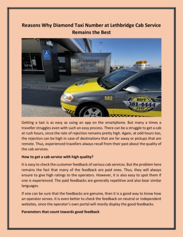 Reasons Why Diamond Taxi Number at Lethbridge Cab Service Remains the Best