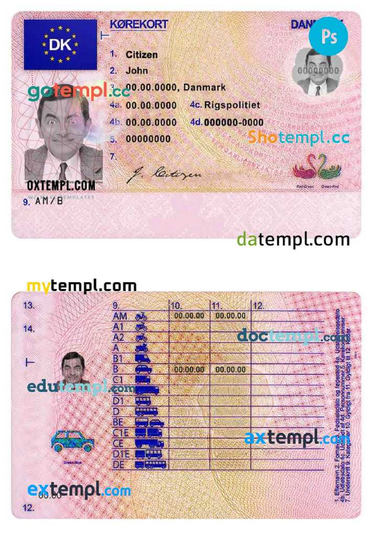 Denmark driving license template in PSD format, version 2 ...