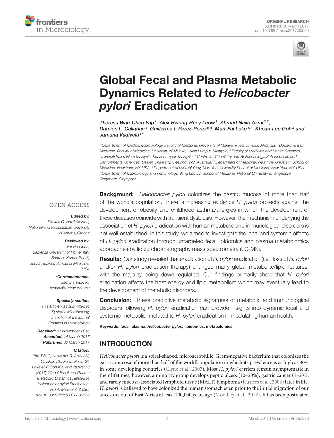 Global Fecal and Plasma Metabolic Dynamics Related to Helicobacter pylori Eradication ...