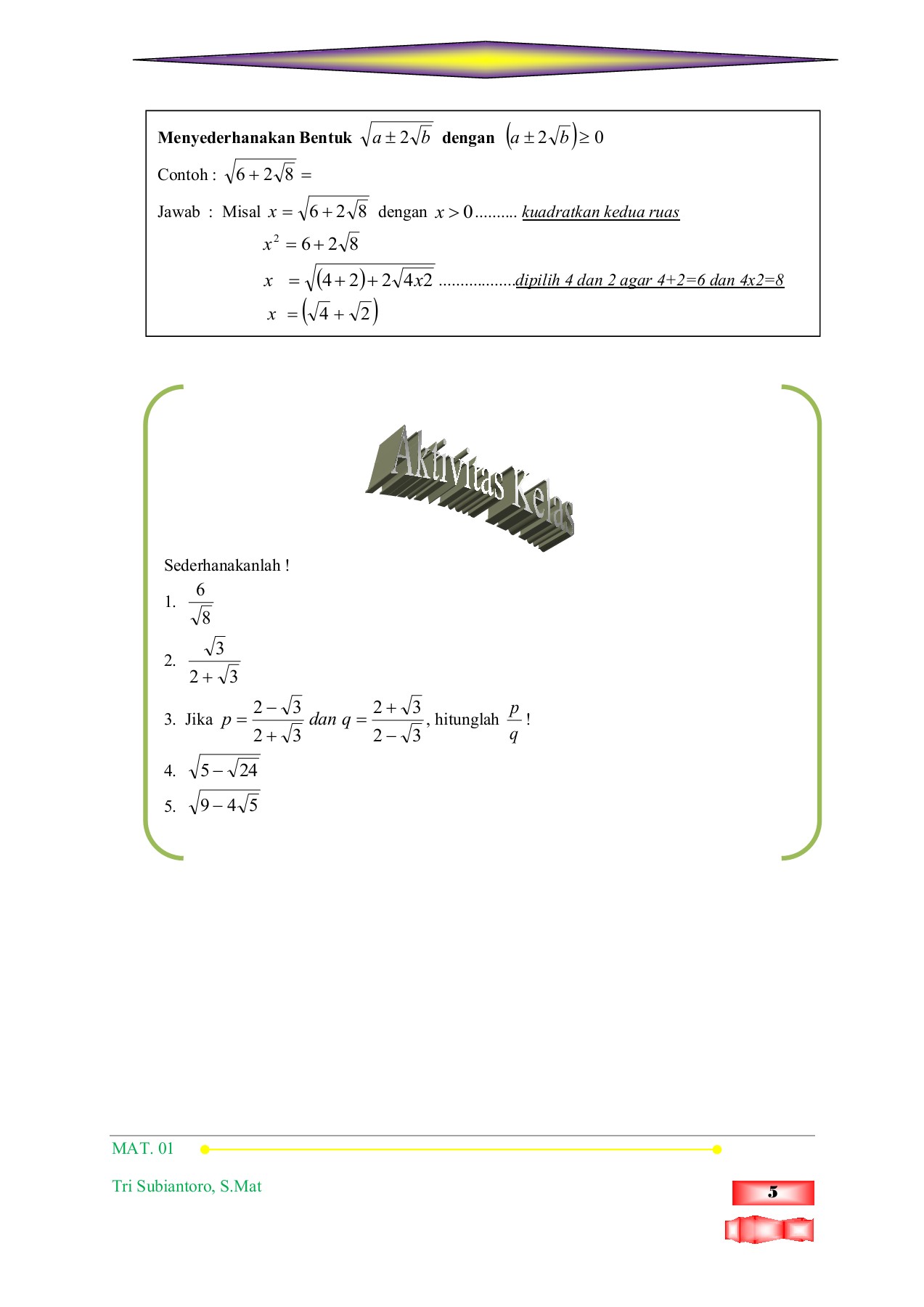 Modul Matematika SMA-MA Bentuk Pangkat, Akar, dan Logaritma - trisubiantoro78.4 - Halaman 5 ...