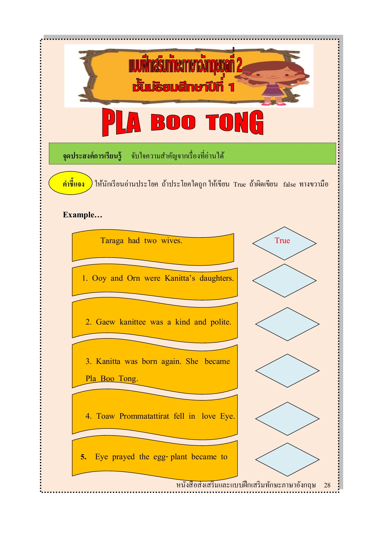 หนังสือส่งเสริมการอ่านและแบบฝึกเสริมทักษะภาษาอังกฤษ เรื่อง PLA BOO TONG ...