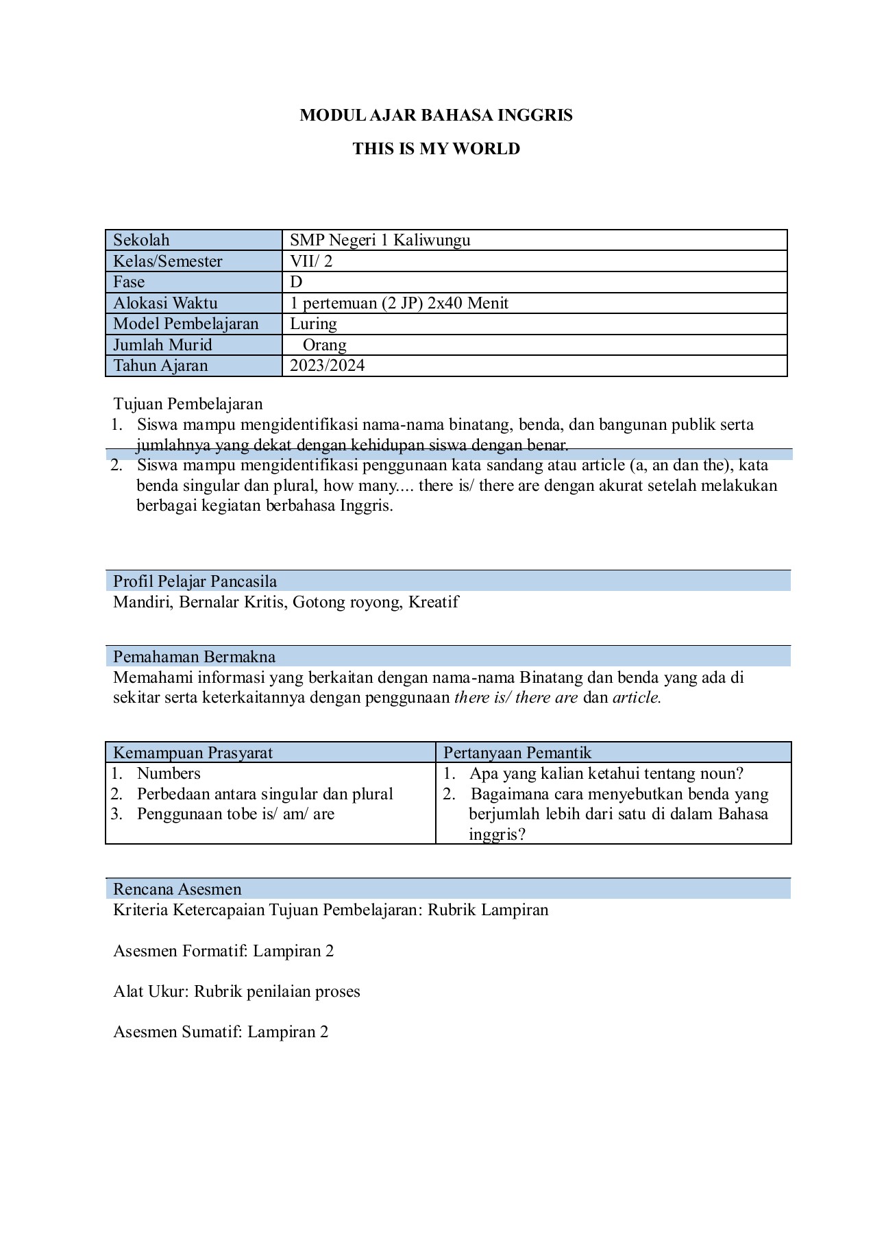 Modul Ajar Bahasa Inggris Kelas 7 This is My World - Putri Wardaningsih - Page 1 - 4 | Flip PDF ...